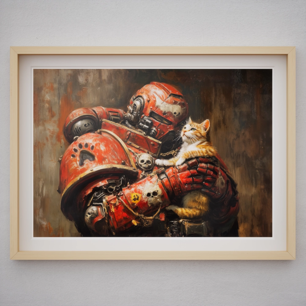 Epic Space Marine Guarding Cat - Warhammer 40k Poster - Artsy Kitten Paws